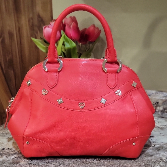 MCM | Bags | Mcm Euc Red Pebbled Leather Handbag | Poshmark